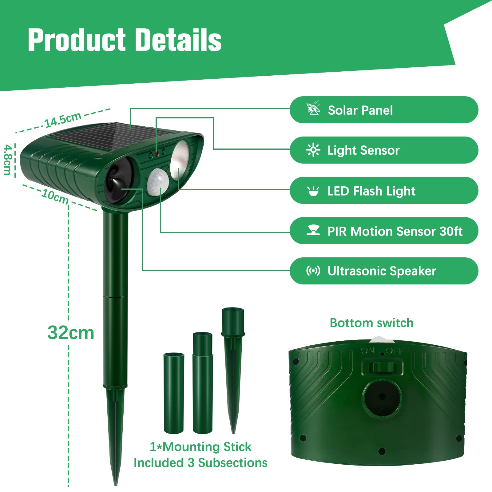 Ultrasonic Cat Deterrent, Solar Powered Deterrent Device with Motion Sensor and Flashing Light, Waterproof Device for Farm, Garden, Yard, Dogs, Birds