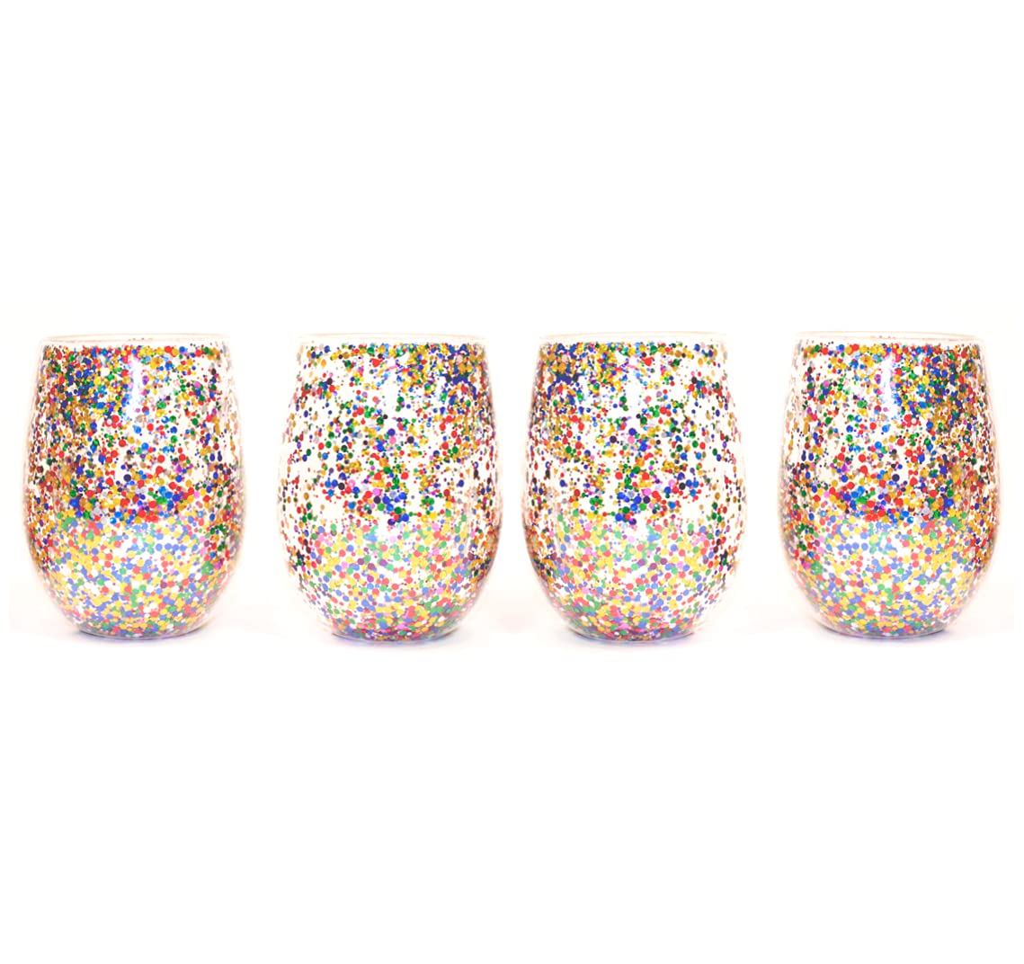 Wild Eye Designs Double Wall Insulated Wine Borosilicate Glass, Rainbow Confetti Set of 4pcs Small 13 fl oz