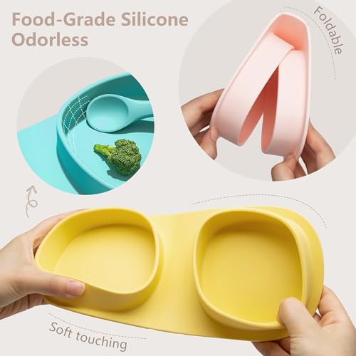 yahaa Toddler Plates Travel Essential on the go,Baby Plates with Forks and Spoons Self Feeding 6 months,Foldable,Silicone,BPA Free,Aqua