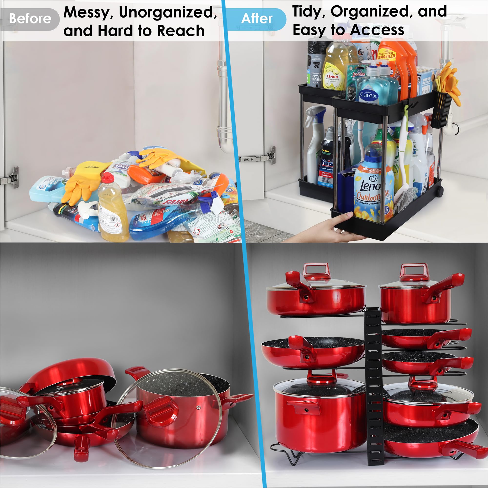 Under Sink Organization and Storage 3-Pack Bundle β 2 Two Tier Organizers and 1 Pan Organizer Rack β Organize your Kitchen, Cabinet and Under Sink Area