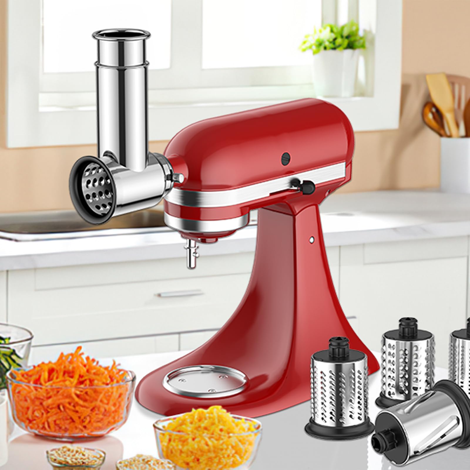 Stainless Steel Slicer Shredder Attachment for KitchenAid Stand Mixer, Cheese Grater Attachment for Kitchenaid, Salad Maker, Grinding Powder, Dishwasher Safe with 4 Blades by Innomoon