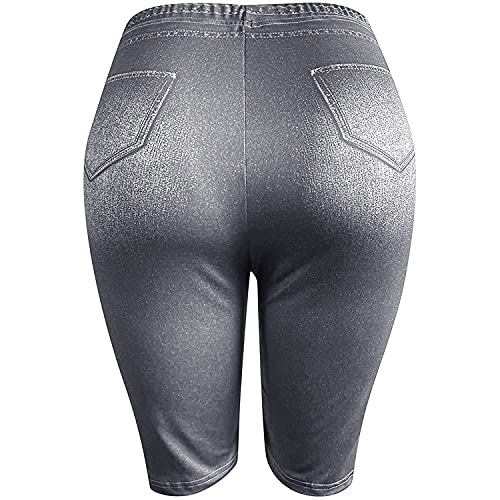 Women's Plus Size High Waist Printed Jeans Shorts Lace Patchwork Butt Lifting Denim Short Running Gym Stretchy Leggings (Grey,X-Large)