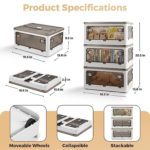 YumiHoe Stackable Storage Bins with Lids -Folding & Sturdy Plastic Storage Container Boxes for Closet, 8.8Gal Shoes, Crafts Organizer with Wheels (3 PACK White)