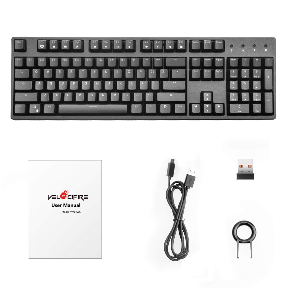 VELOCIFIRE Wireless Mechanical Keyboard Ergonomic, VM02WS 104-key Full Size with Brown Switches White Backlit & High Battery Lasting for Copywriters, Typists, Programmer(Black)