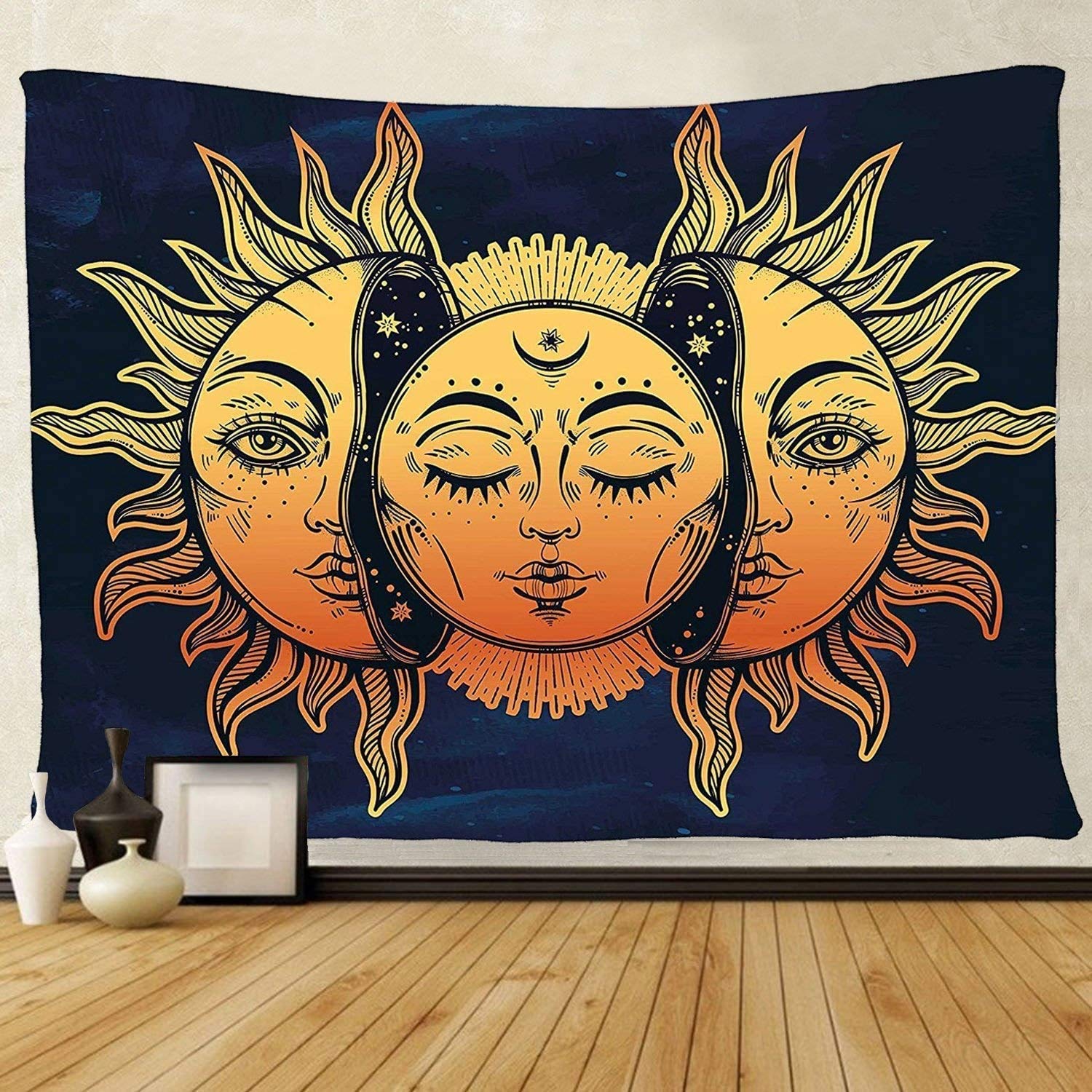 Sevenstars Sun and Moon Tapestry Burning Sun with Star Tapestry Psychedelic Tapestry Black and White Mystic Tapestry Wall Hanging