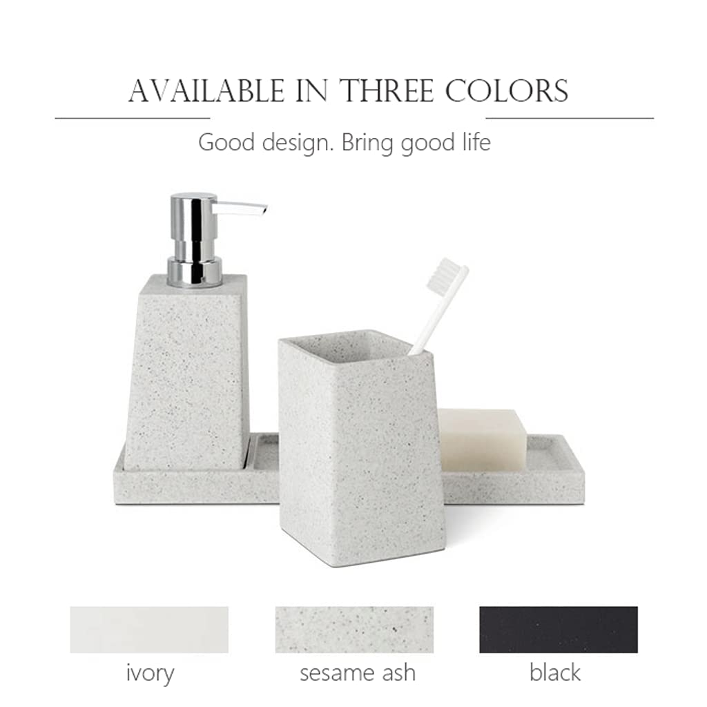 UTOYA Durable Geometry Bathroom Accessories Set Grey,Deluxe 3Pcs Sandstone Bath Vanity Counter Decor-Soap Pump Dispenser,Toothbrush Holder,Tray Replacement