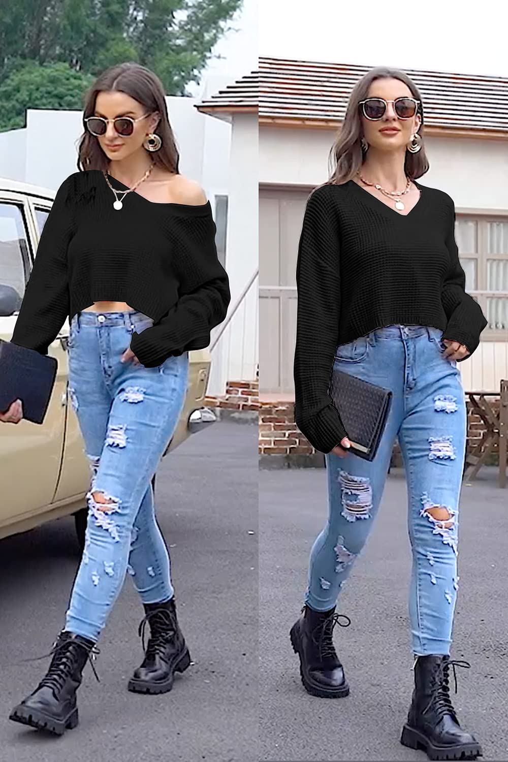 Womens V Neck Long Sleeve Tops Crop Waffle Knit Crepped Casual Loose Pullover Crop Sweater L Black