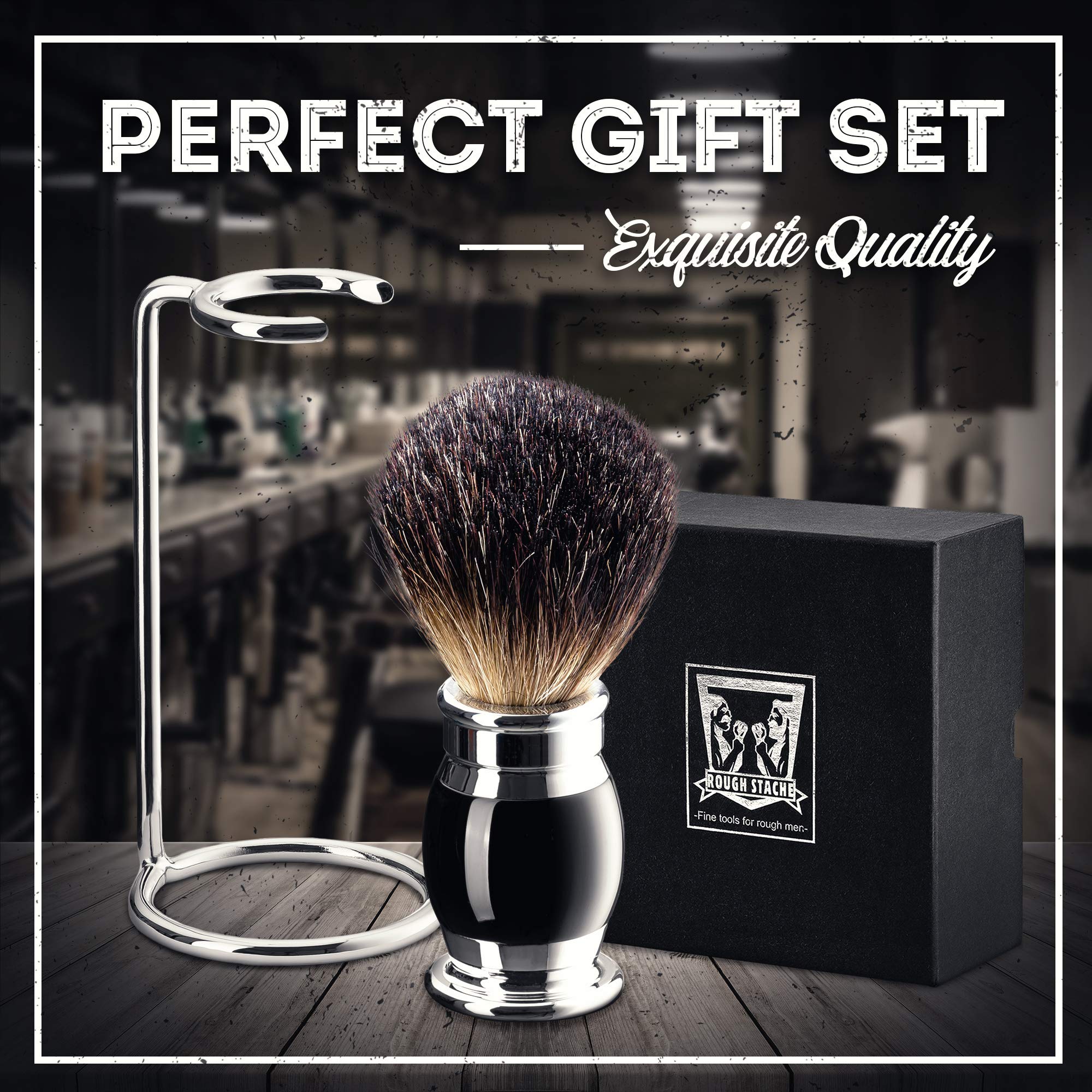 Shaving Brush Set - Professional Shaving Brush with 100% Pure Badger Bristles -Black Resin Handle - Solid Chrome Shaving Brush Stand for Wet Shave