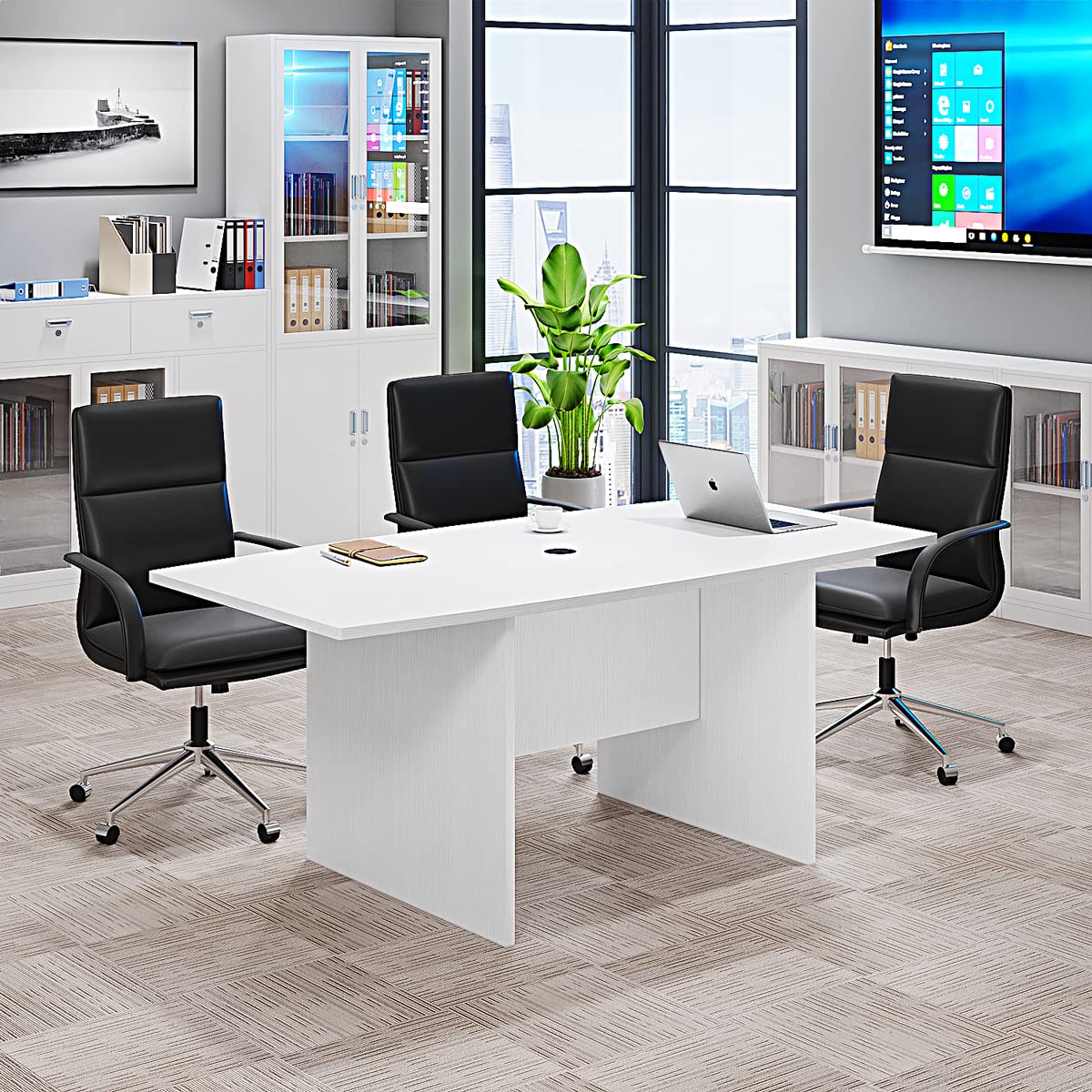 Panana Boat Shaped Conference Room Table with Wood Base in Cherry/White/Black, 68.5" W x 32.1" D,Business Furniture (White)