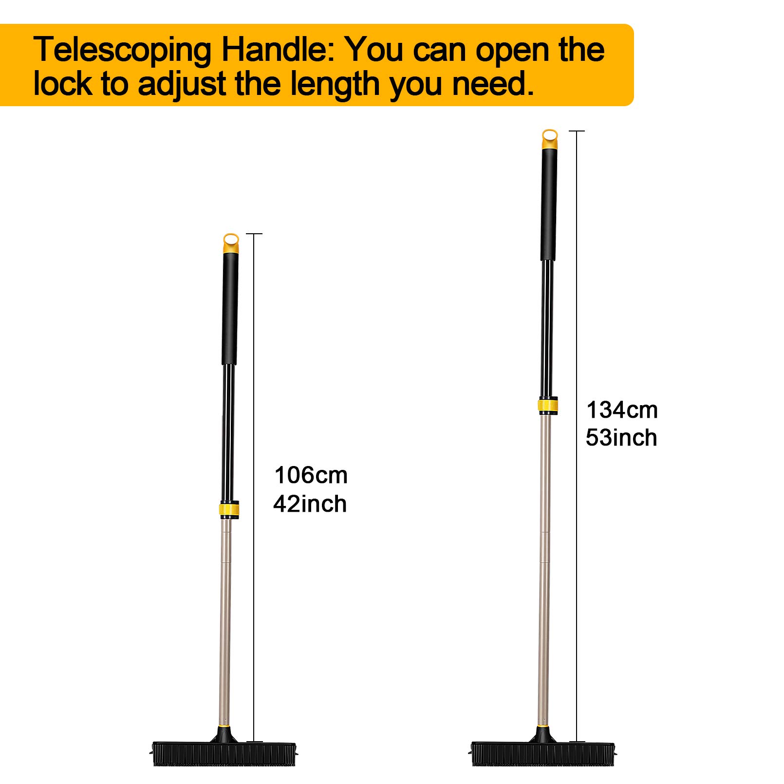 Yocada Rubber Broom Pet Hair Fur Removal Broom Soft Bristle Push Broom with Squeegee Telescoping Pole 42-53 Inch for Sweeping Hardwood Floor Tile Bathroom Living Room Kitchen