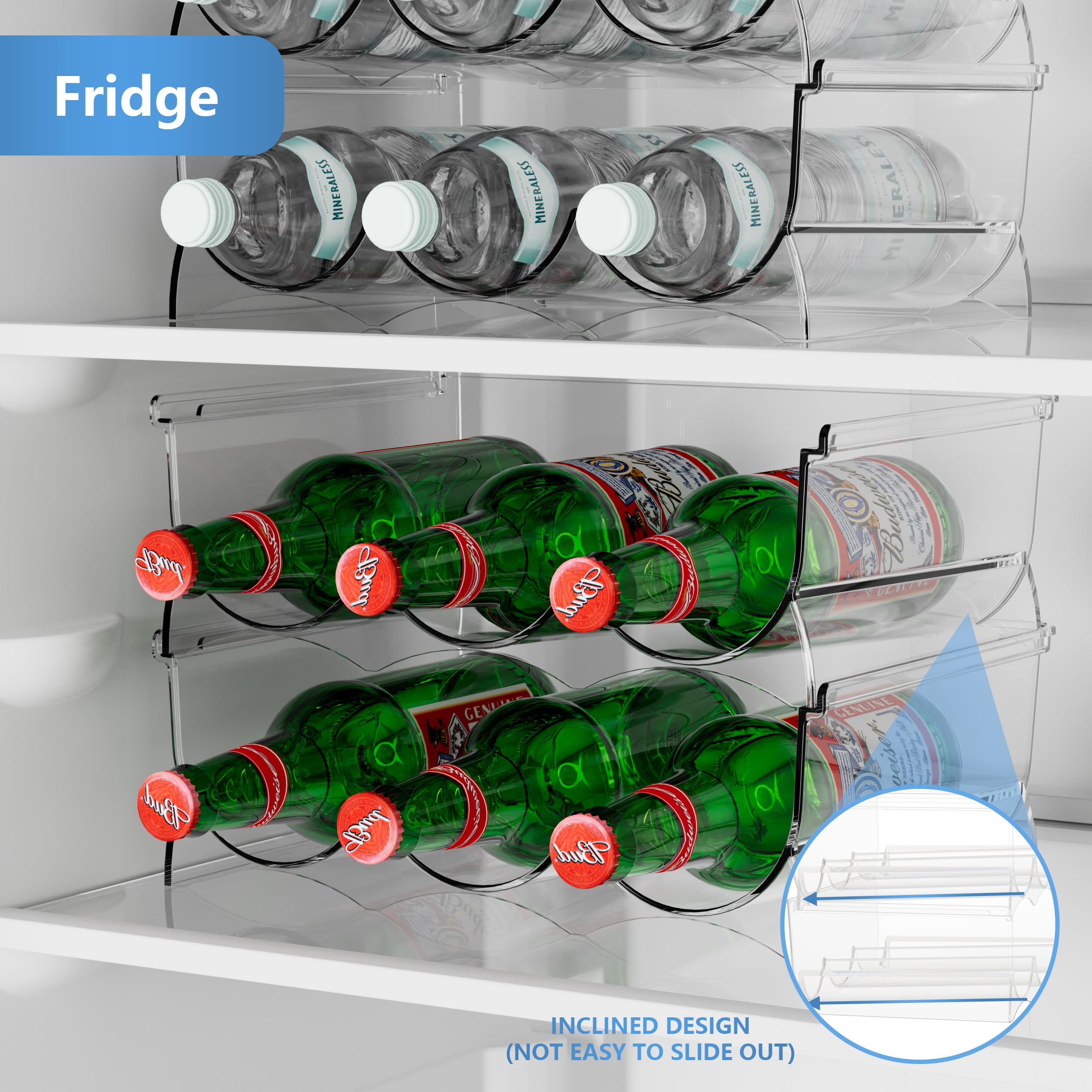 Zeeych Water Bottle Organizers for Cabinet,Stackable Bottle Rack for Kitchen Pantry Organization and Fridge Storage, 2-Shelf Clear Wine Rack/Drink Bottle Holder, Hold 6 Bottles（2 Pack）
