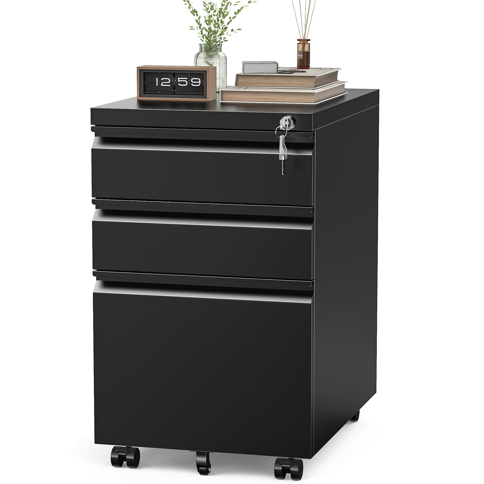 Sweetcrispy File Cabinet - 3 Drawer Locking Metal Mobile Rolling Filing Cabinet, Wheels & Pre-Assembled Under Desk Storage A4/Letter/Legal Home Office Small File Cabinet - Black