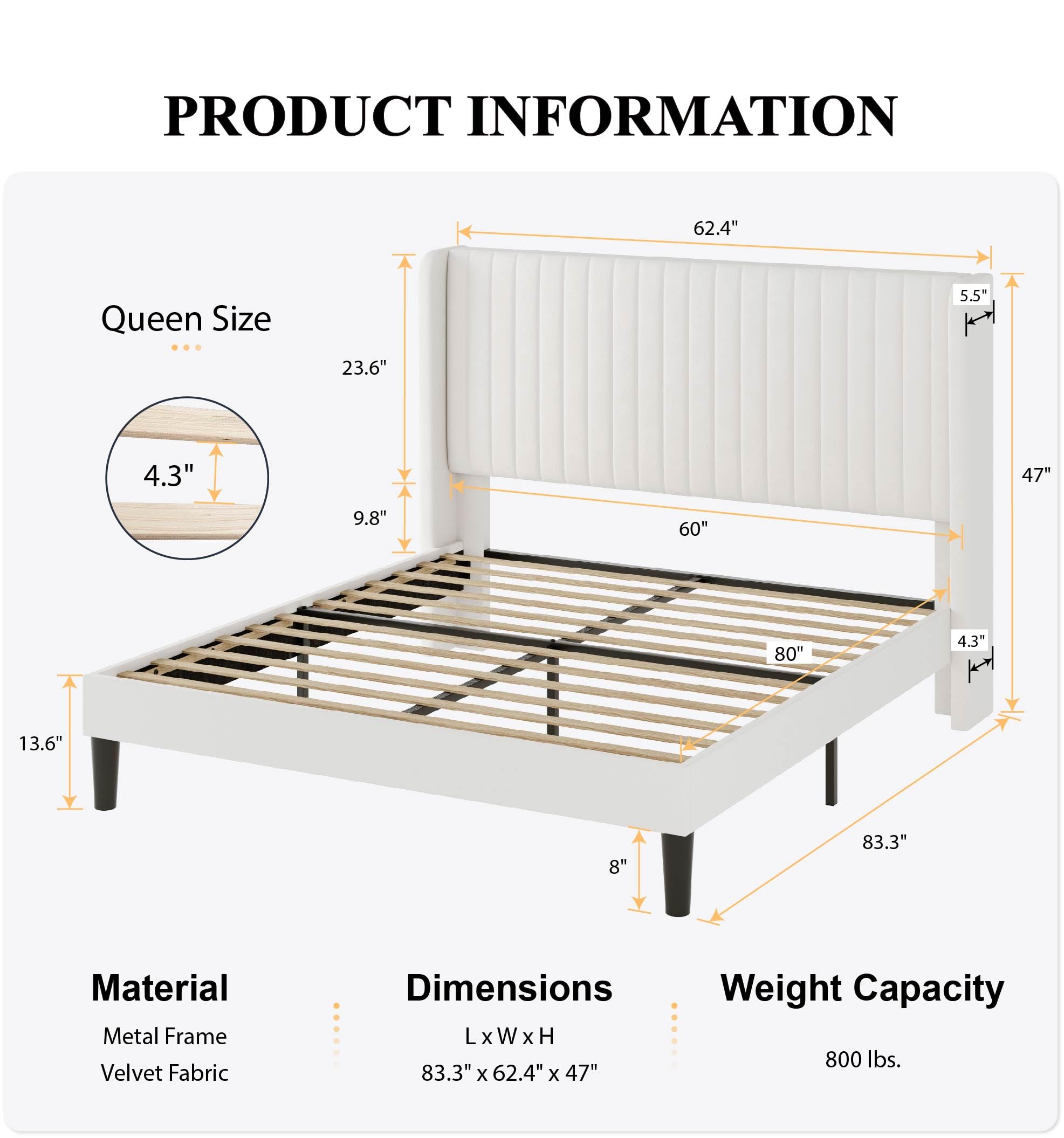 SHA CERLIN Queen Size Velvet Bed Frame with Vertical Channel Tufted Wingback Headboard, Upholstered Platform Bed with Wood Slats, No Box Spring Needed, Easy Assembly, White