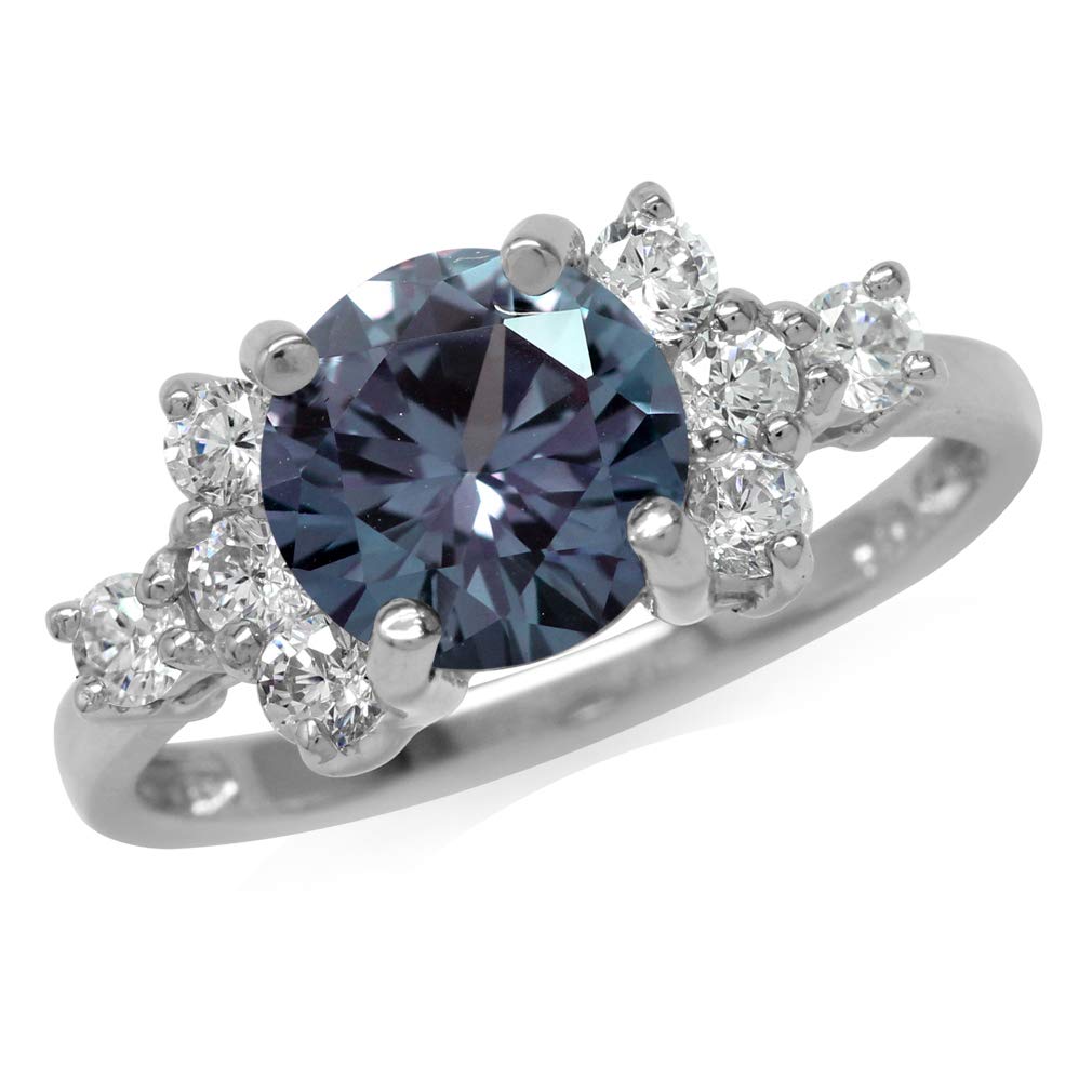 Silvershake Round Shape Simulated Color Change Alexandrite and White Cubic Zirconia 925 Sterling Silver Ring Size 7