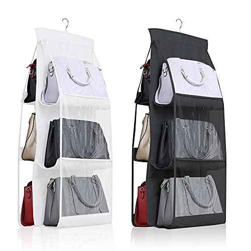 SNOMEL 2 Pack Hanging Purse Handbag Storage Organizer, 6 Pockets Thick & Soft Fabric Handbag Holder for Closet, Foldable Bag Collection Hanger for Wardrobe Shelf (Black & White)