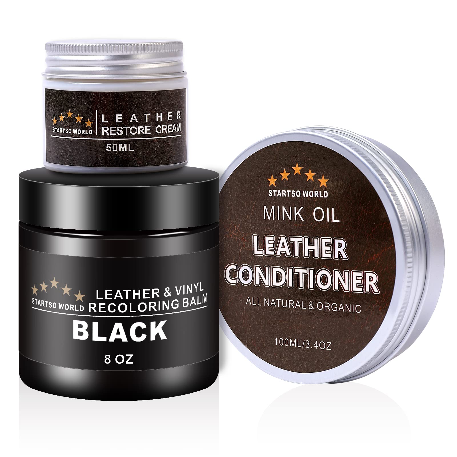 STARTSO WORLD Leather Recoloring Balm - Mink Oil - Leather Filler, Black Leather Repair Kit for Restoration Furniture, Couches, Sofa, Leather Restore Kit for Leather Worn Out, Color Fading, Scratches