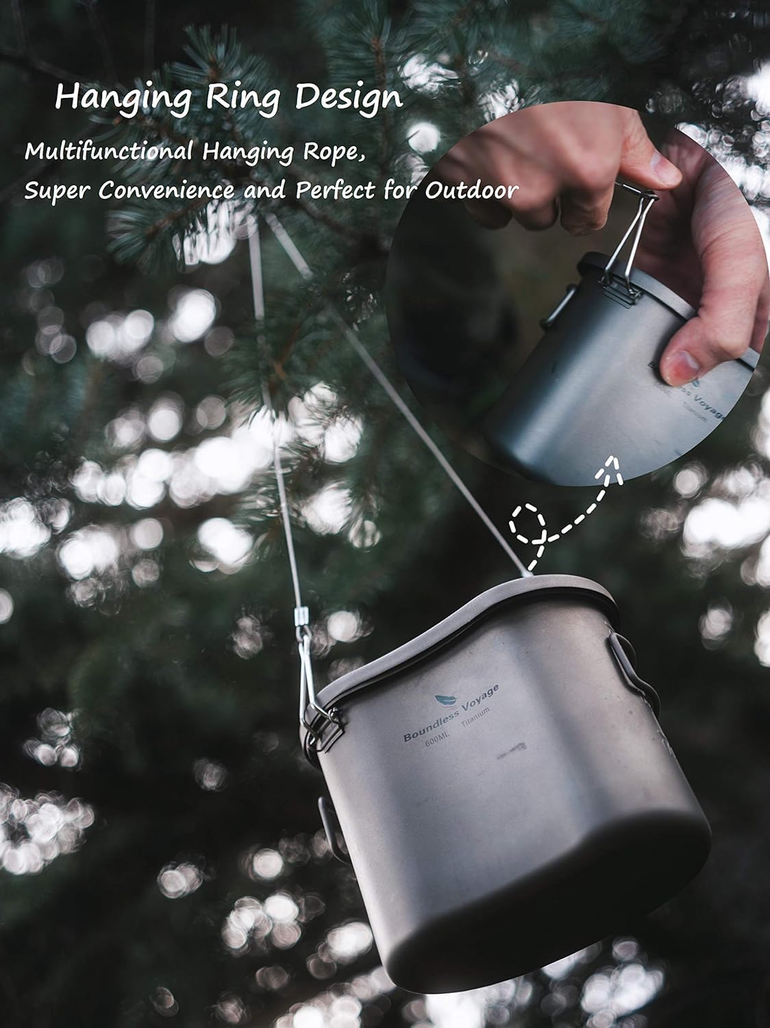 usharedo Boundless Voyage Titanium Camping Pots Set with Hanging Ring Ultralight Portable Bowl Picnic Cookware Titanium Canteen Mess kit for Outdoor Hiking Backpacking Mountaineering Ti15123B