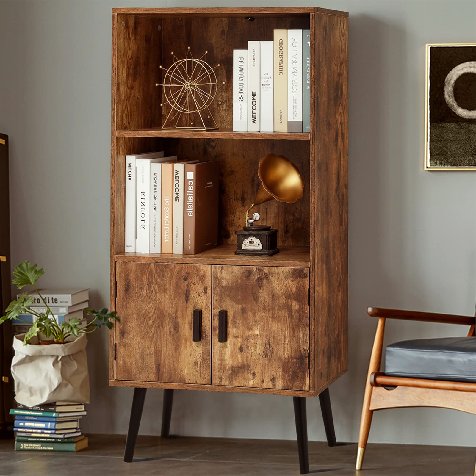 usikey 48.4" H Boho Bookcase, Retro Bookshelf with Doors & 2-Tier Shlef, Mid-Century Modern Storage Cabinet for Bedroom, Study, Living Room, Office, Library, Brown