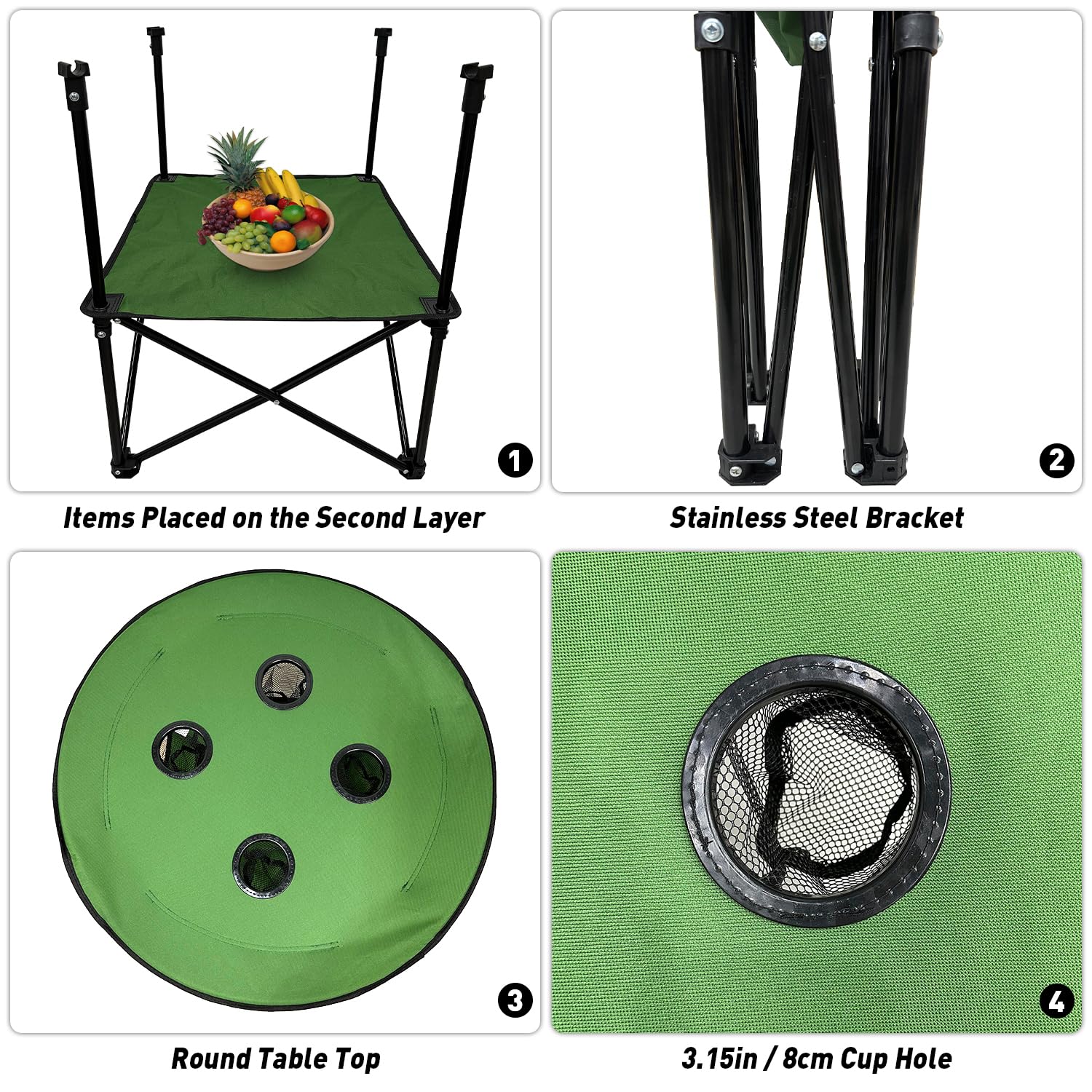 Portable Outdoor Camping Folding Round Table, Double Layer Picnic Table with Four Cup Holes and Carry Bag, Table Suitable for Outside, Beach and BBQ (Army Green)