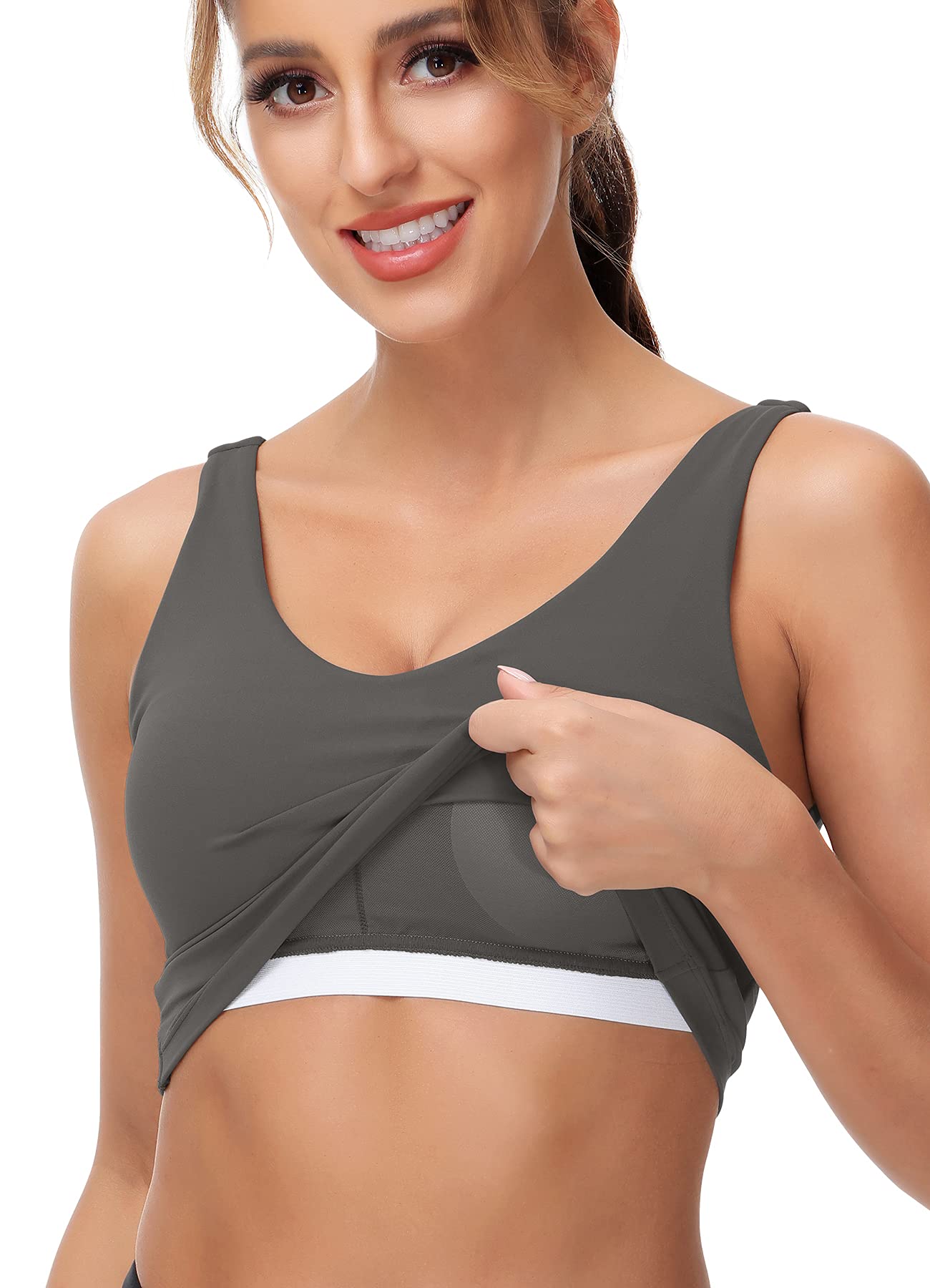 V Neck Built in Bra Longline Sports Bras for Women Padded Medium Support Workout Crop Tops for Running Yoga