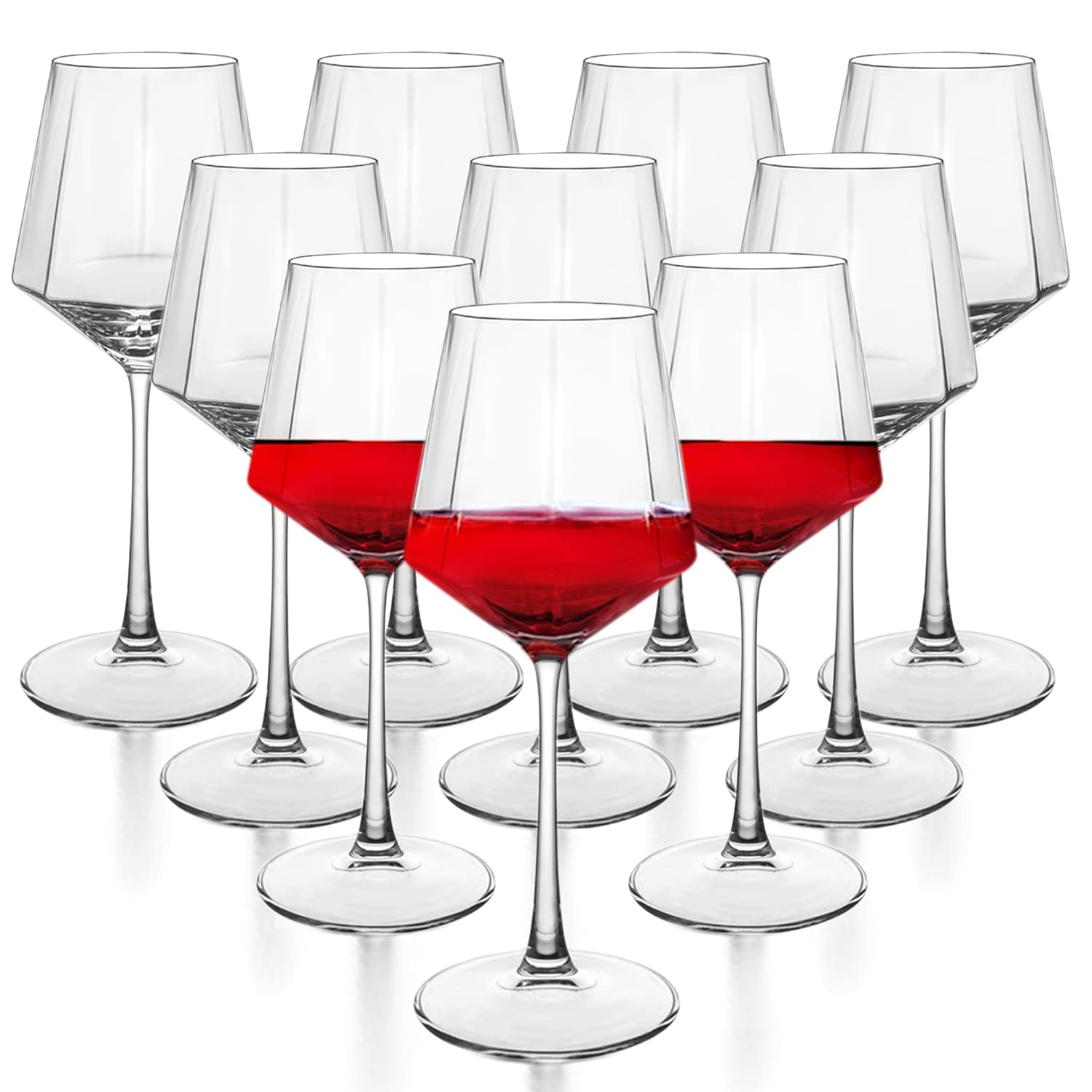 Ufrount Wine Glasses Set of 10,Clear Hexagon Shaped Wine Glass 15 Ounce,Red Wine Long Stem Glassware,Diamond Shaped Old Fashioned Stemware for Beverage,Home Bar