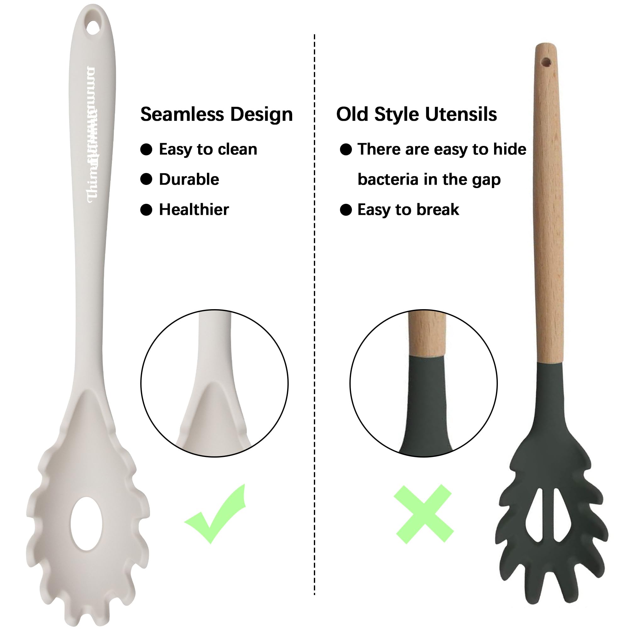 Silicone Cooking Spoons, Heat Resistant Large Silicone Pasta Slotted Spoon Solid Basting Spoon set for Nonstick Cookware, BPA Free Black Kitchen Silicone Spoons set for Mixing, Serving, Draining White
