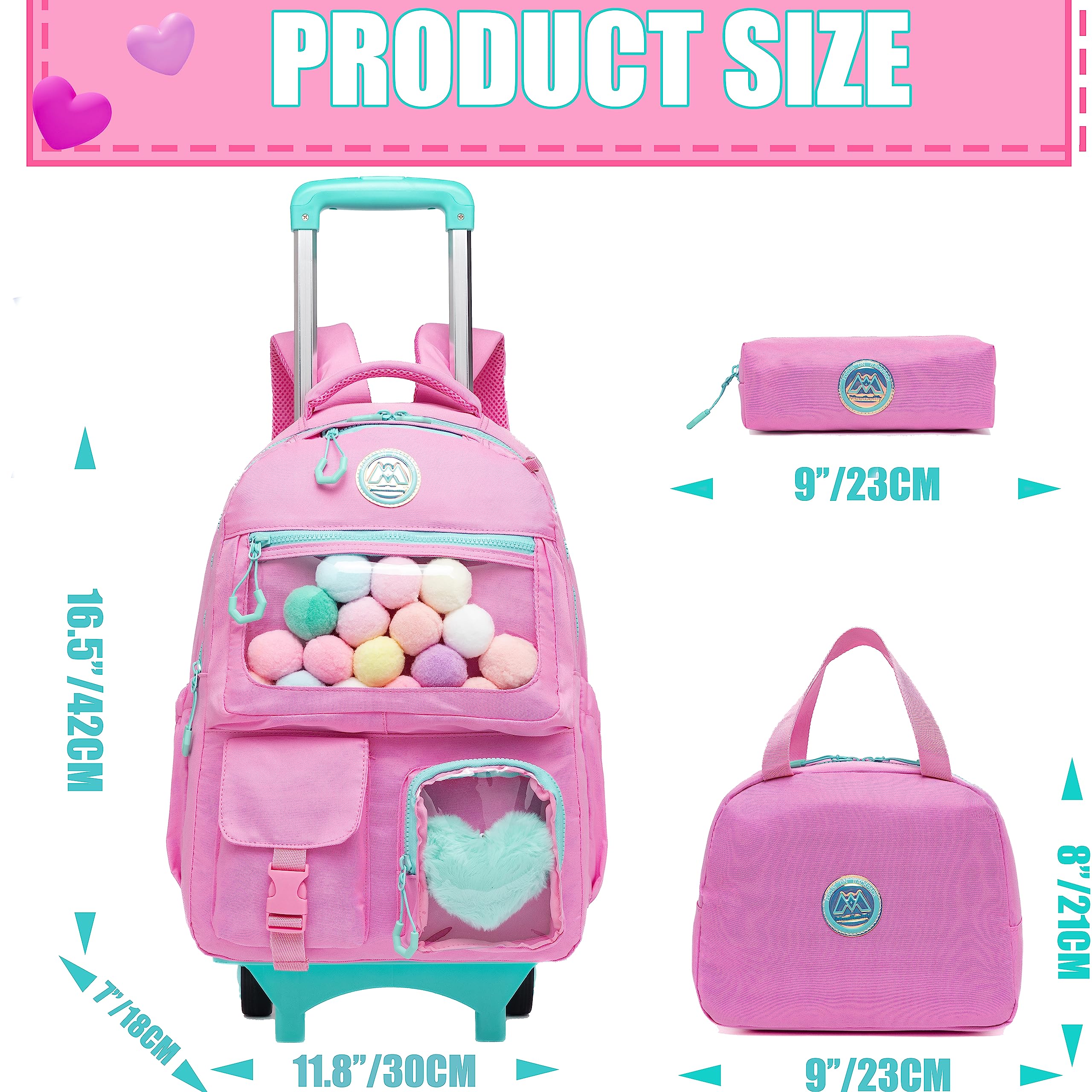 ZBAOGTW Rolling Backpack for Girls Kids Backpack with Wheels Backpacks for Elementary with Lunch Box Pencil Case Trolley Luggage