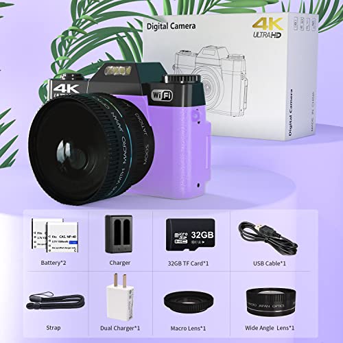 VJIANGER 4K Digital Camera 48MP Vlogging Camera for YouTube with 3.0ββ 180Β° Flip Screen, WiFi, 16X Digital Zoom, 52MM Wide Angle & Macro Lens, 2 Rechargeable Batteries, 32GB Micro SD Card(Purple31)