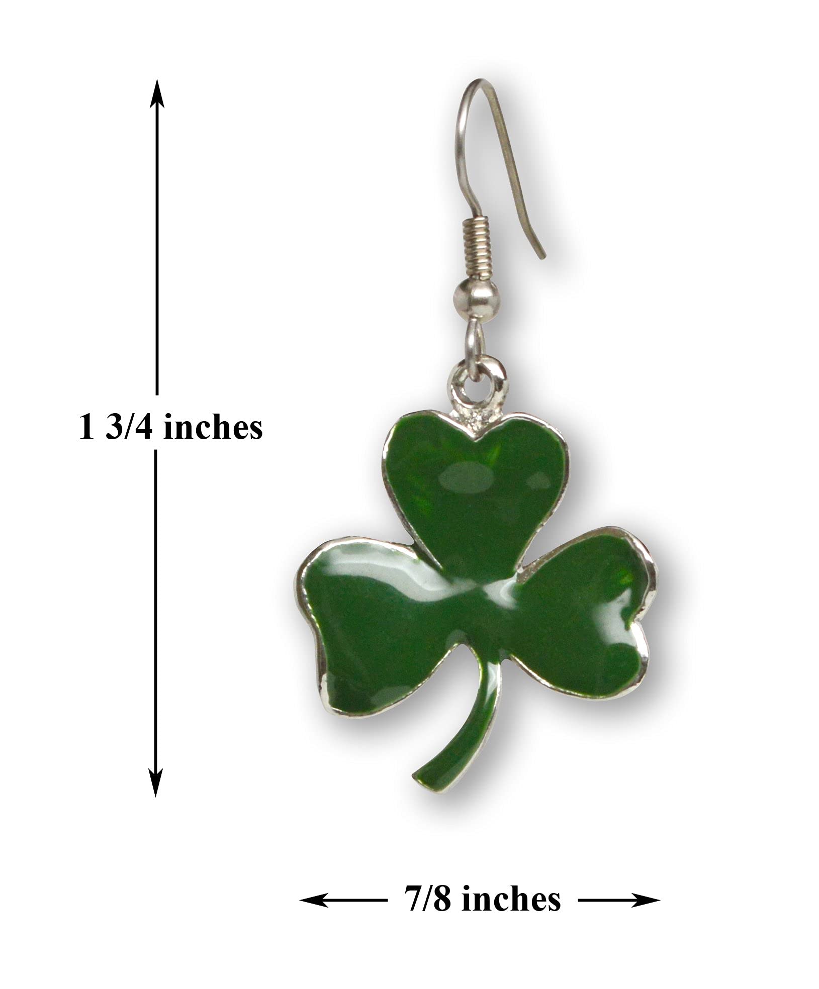 St. Patrick's Day Irish Shamrock Dangle Earrings Green Enamel on Silver Finish Pewter