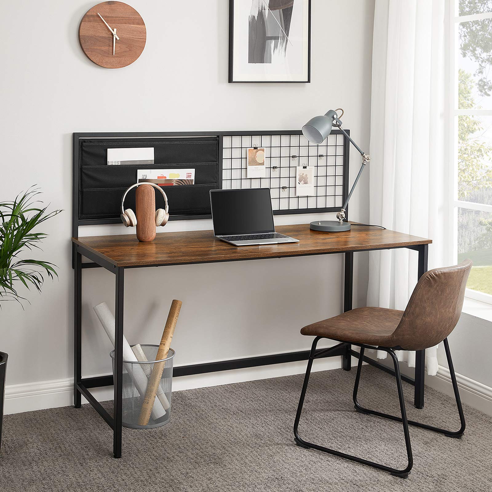 VASAGLE Computer Desk, 53.9 Inches Long Study Writing Desk for Home Office with Grid Board and Fabric Storage Bags, Industrial Style PC Laptop Table, Steel Frame,Rustic Brown and Black ULWD063B01