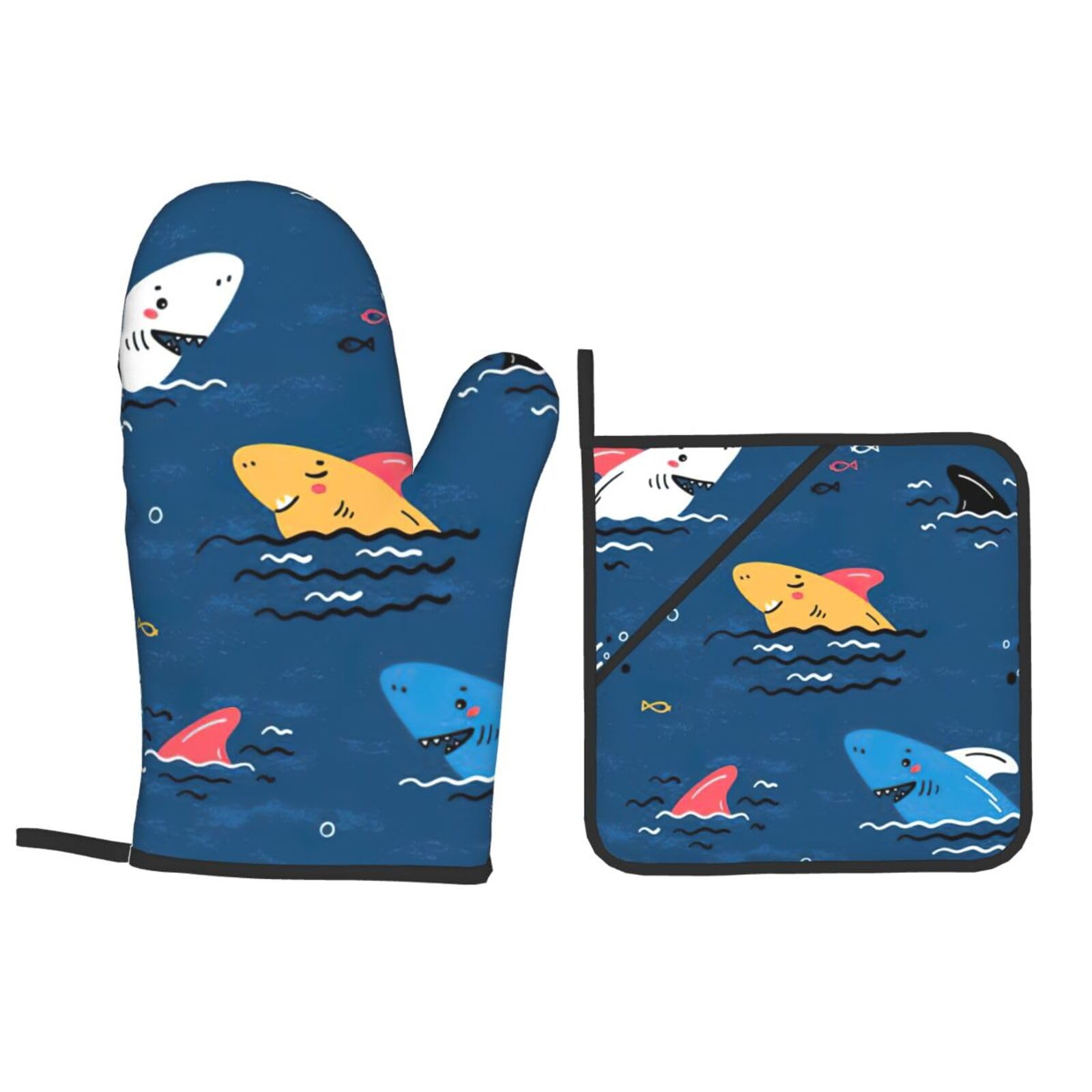 Shark Kitchen Baking 4-Piece Set–Heat Resistant Oven Mitts and Pot Holders Kitchen Hot Pads