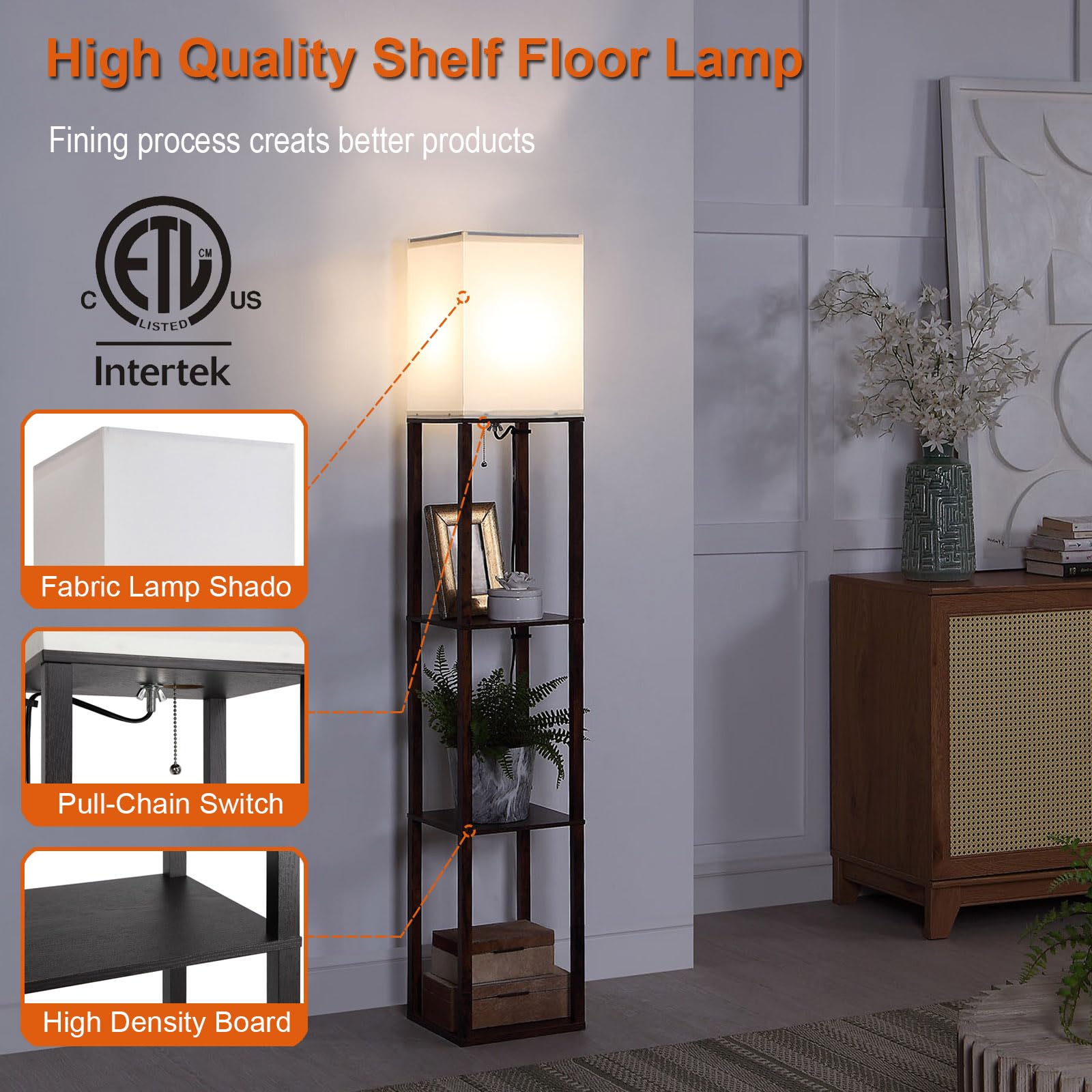 YAMEIWAN Floor Lamp with Shelves, Shelf Floor Lamps for Living Room with 3CCT LED Bulb, Modern Corner Square Display Standing Lamp with 4-Tier Tall Bookshelf Lamp for Bedroom Office