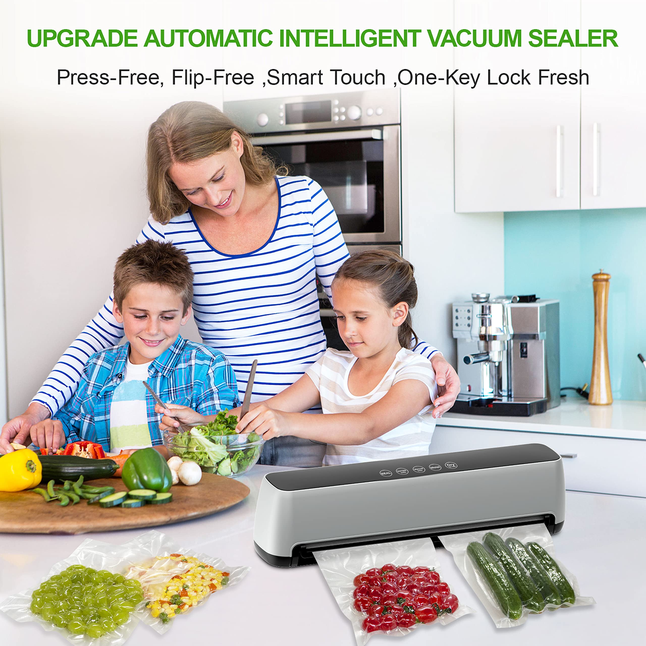 Vacuum Sealer Machine New Upgraded One-Touch Full Automatic Vacuum Sealer with LED Touch Screen Indicator Lights,Air Sealing System for Food Storage Dry/Moist Modes with 15 Seal Bags and 1 Hose.