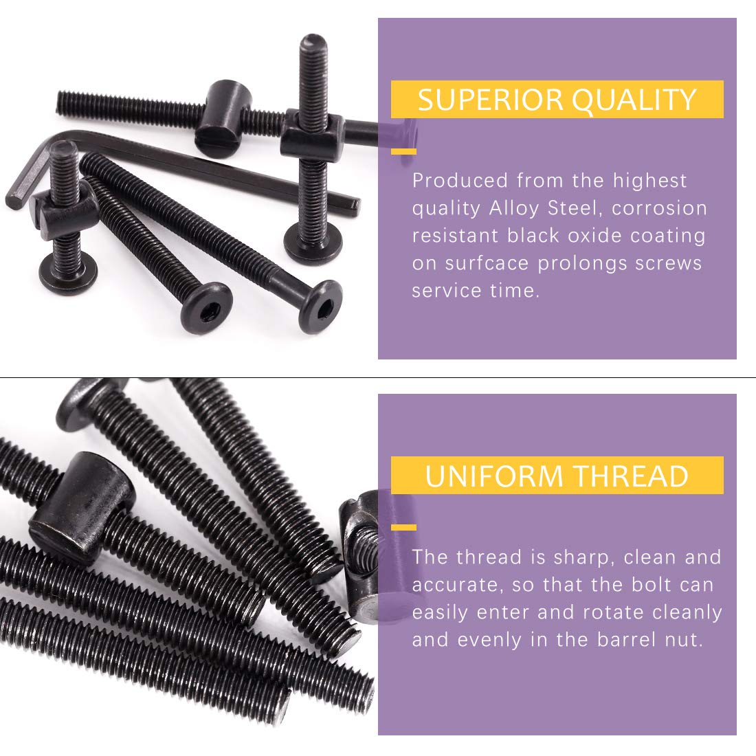 Swpeet 120Pcs Crib Hardware Screws, Black M6 × 35/45/55/65/75mm Hex Socket Head Cap Crib Baby Bed Bolt and Barrel Nuts with 1 x Allen Wrench Perfect for Furniture, Cots, Crib Screws