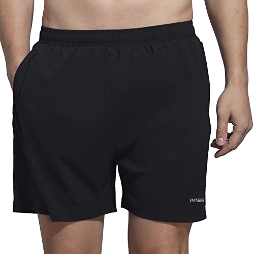 VAYAGER Men's 5 Inch Running Shorts Quick Drying Workout Athletic Performance Shorts with Liner and Zipper Pocket, Black-M