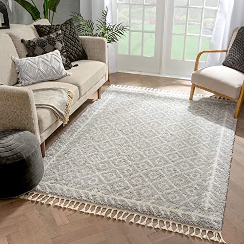 Well Woven Allie Grey Moroccan Shag Diamond Trellis Pattern Area Rug (5'3" x 7'3")