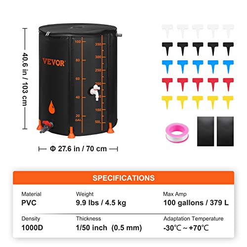 VEVOR 100 Gallon Collapsible Rain Barrel, Portable Rainwater Collection System Water Storage Tank for Garden Water Catcher,Rain Water Collection Barrel with Two Spigots and Overflow Kit,Black