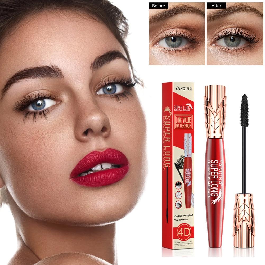 Yanquina Mascara, 4d Waterproof and Sweat Proof Mascara, Quick-Drying, Long-Lasting, Smudge-Proof 2 in 1 Black Mascara