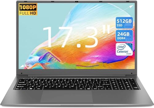 SGIN Laptop, 17 Inch Laptops Computer with 24GB RAM 512GB SSD, Intel Celeron Quad Core Processor(Up to 2.9 GHz), IPS Display, Mini HDMI, Webcam, Dual Wi-Fi,Bluetooth, 512GB Expansion