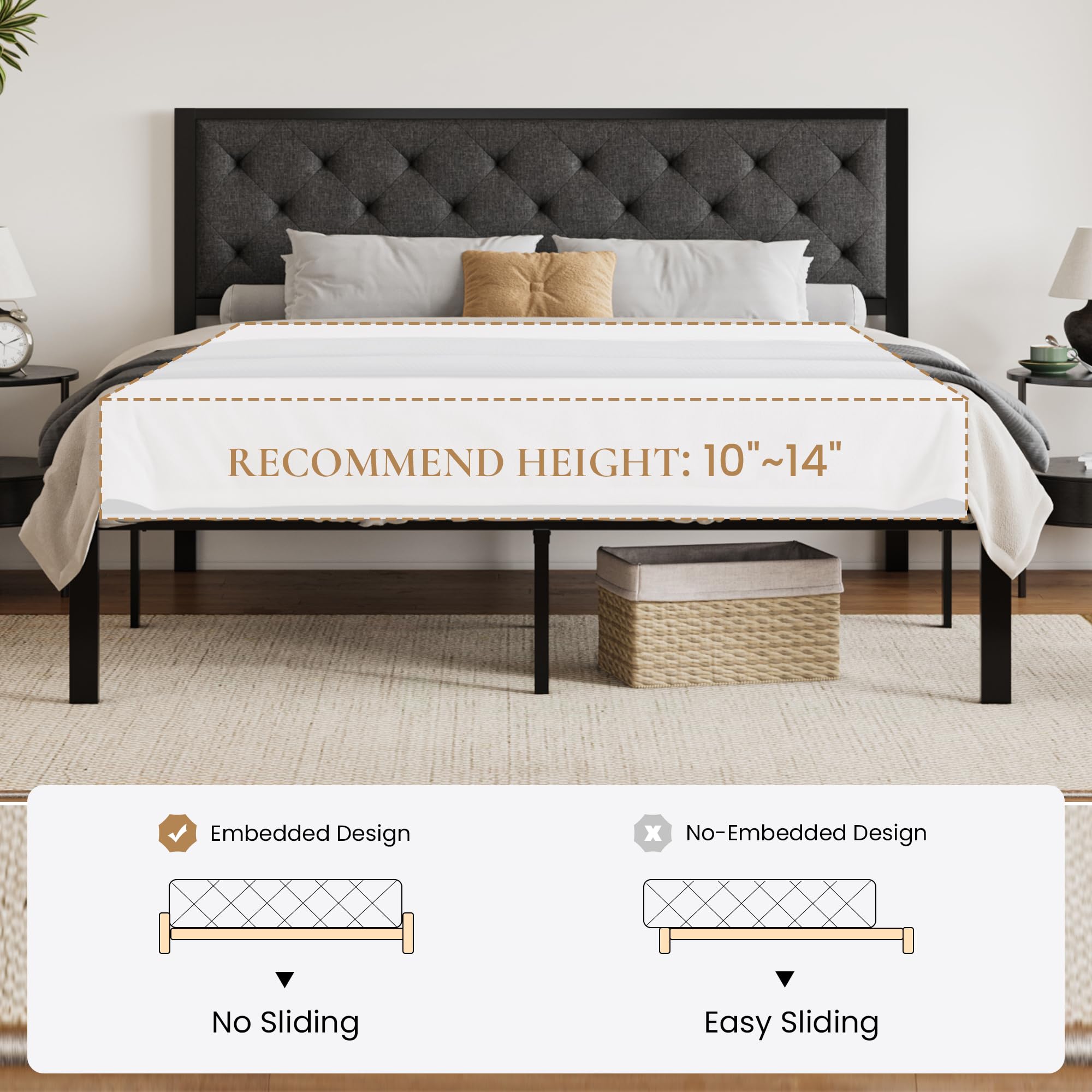 SHA CERLIN King Size Metal Platform Bed Frame with Linen Fabric Upholstered Button Tufted Headboard, Mattress Foundation with 12.4β Storage, No Box Spring Needed, Easy Assembly, Dark Grey