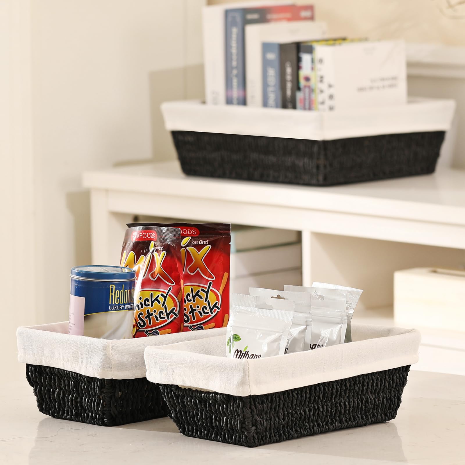 Vagusicc Wicker Storage Baskets, Set of 2 Hand-Woven Foldable Cube Storage Baskets with Handles 13 inches + Set of 3 Woven Paper Rope Handles Wicker Baskets for Storage with Liners