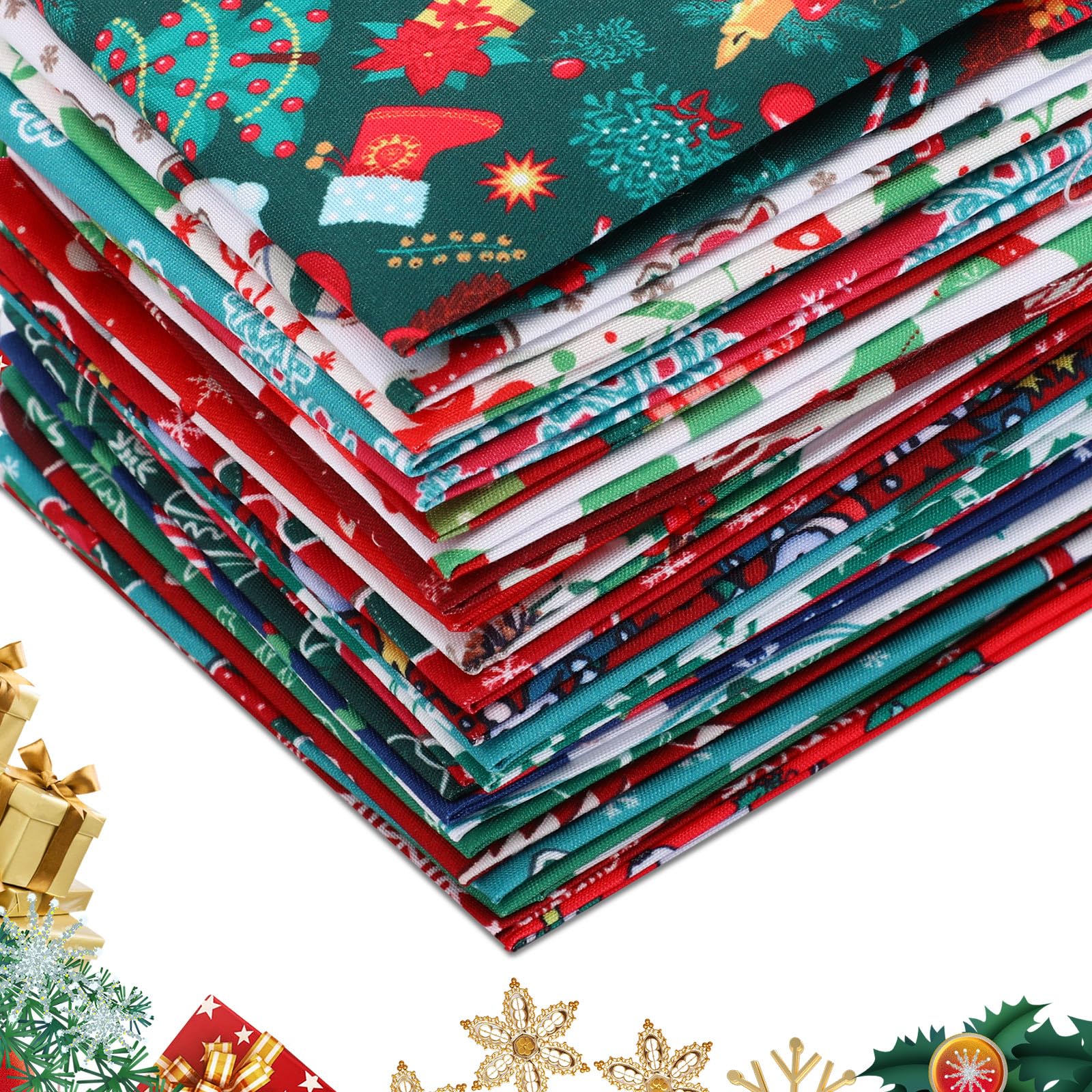 Preboun 100 Pcs 5 x 5 Inches Christmas Fabric Square Quilting Fabric Squares Bundle Sewing 25 Different Christmas Patterns Precut Polyester Patchwork for DIY Christmas Sewing Crafting Supplies