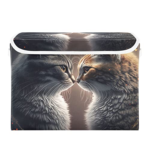 Vnurnrn Collapsible Storage Bin with Lid (Romantic Cats), Foldable Storage Boxes Cube with Lid for Clothes Toys 16.5×12.6×11.8 Inch