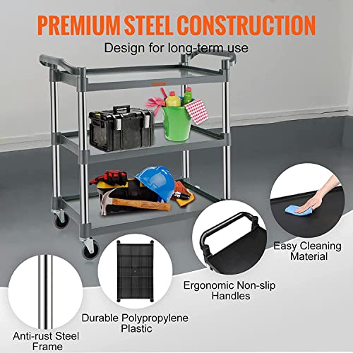 VEVOR Utility Service Cart, 3 Shelf Heavy Duty 220LBS Food Service Cart, Rolling Utility Cart with Lockable Wheels, 40" x 19.3" x 38.6" Plastic Utility Cart for Kitchen Office Restaurant Home, Grey