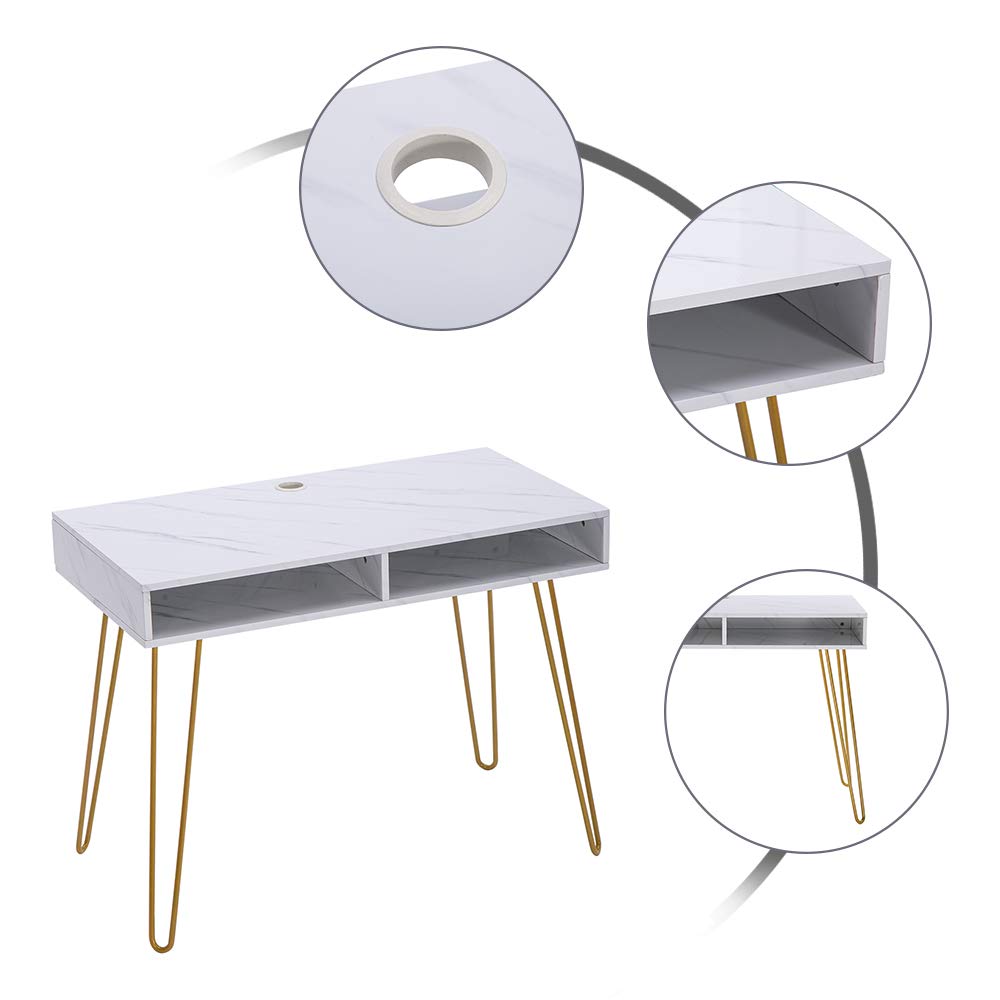 SSLine Gold and White Computer Desk Modern Writing Table Makeup Vanity Desk with White Faux Marble Top and Golden Metal Frame Elegant Laptop PC Workstation w/Two Storage Drawers for Home Office