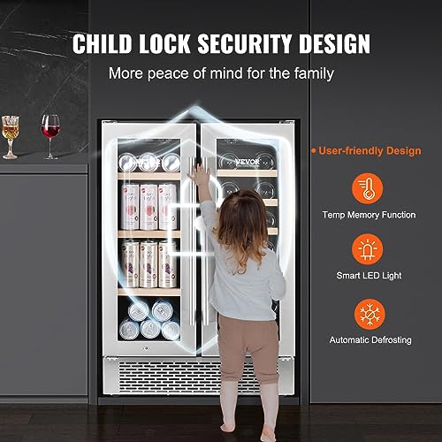 VEVOR Cooler Dual-Zone Beverage Refrigerator Built-in or Freestanding Wine Fridge & Blue LED Light, Tempered Glass Doors, Child Lock for Drink Soda, 81 Cans and 20 Bottles, Black, Silver