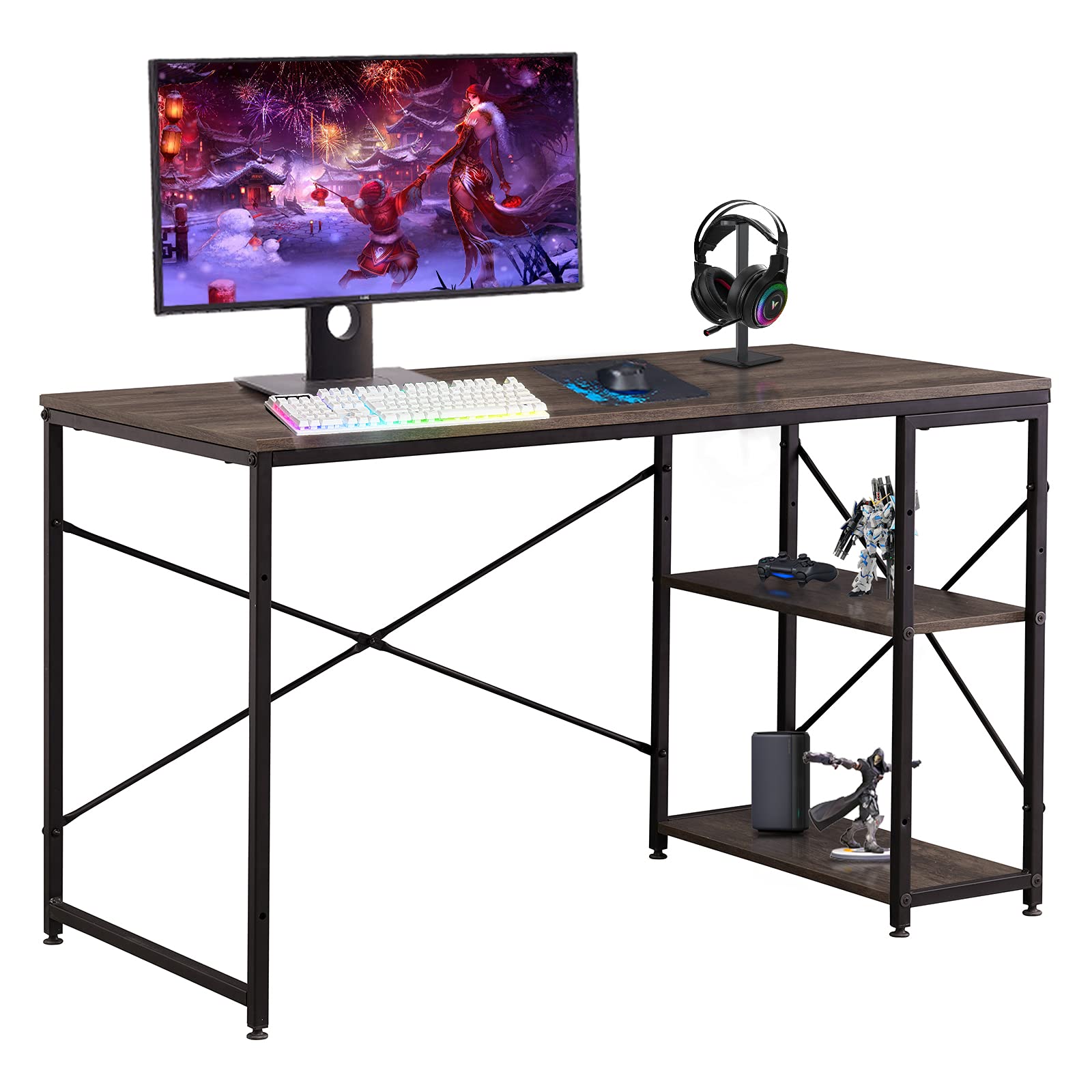 Symylife Home Office Computer Desk, Study Writing Desk with 2- Tier Wooden Storage Shelf, Small L Shaped Corner Desk, 47 inches,(Vitnage Grain)