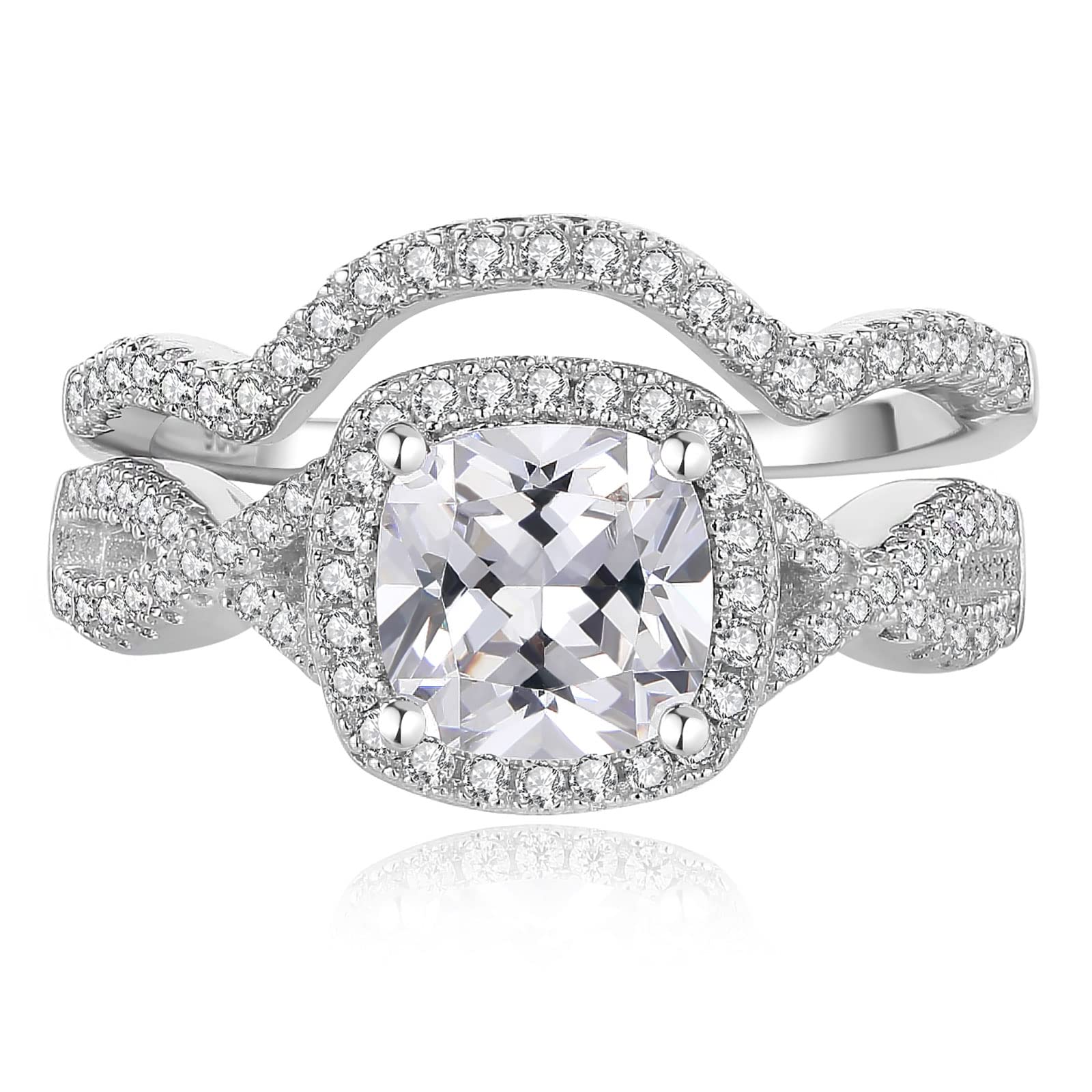 Wuziwen 2 Carat Wedding Ring Bridal Set for Women 925 Sterling Silver Cushion Cubic Zirconia Size 5