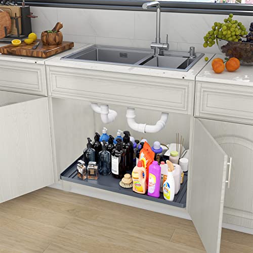 Under Sink Mats for Kitchen Waterproof, 34" X 22" Or Smaller Cut to Fit Under Sink Drip Tray for Kitchen Bathroom Cabinets, Silicone Sink Liner Hold Up to 3.3 Gallons Liquid - Dark Grey
