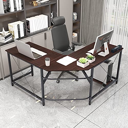 sogesfurniture 59" Large L-Shaped Desk Corner Table Computer Desk Workstation Desk PC Laptop Office Desk L Desk, Walnut